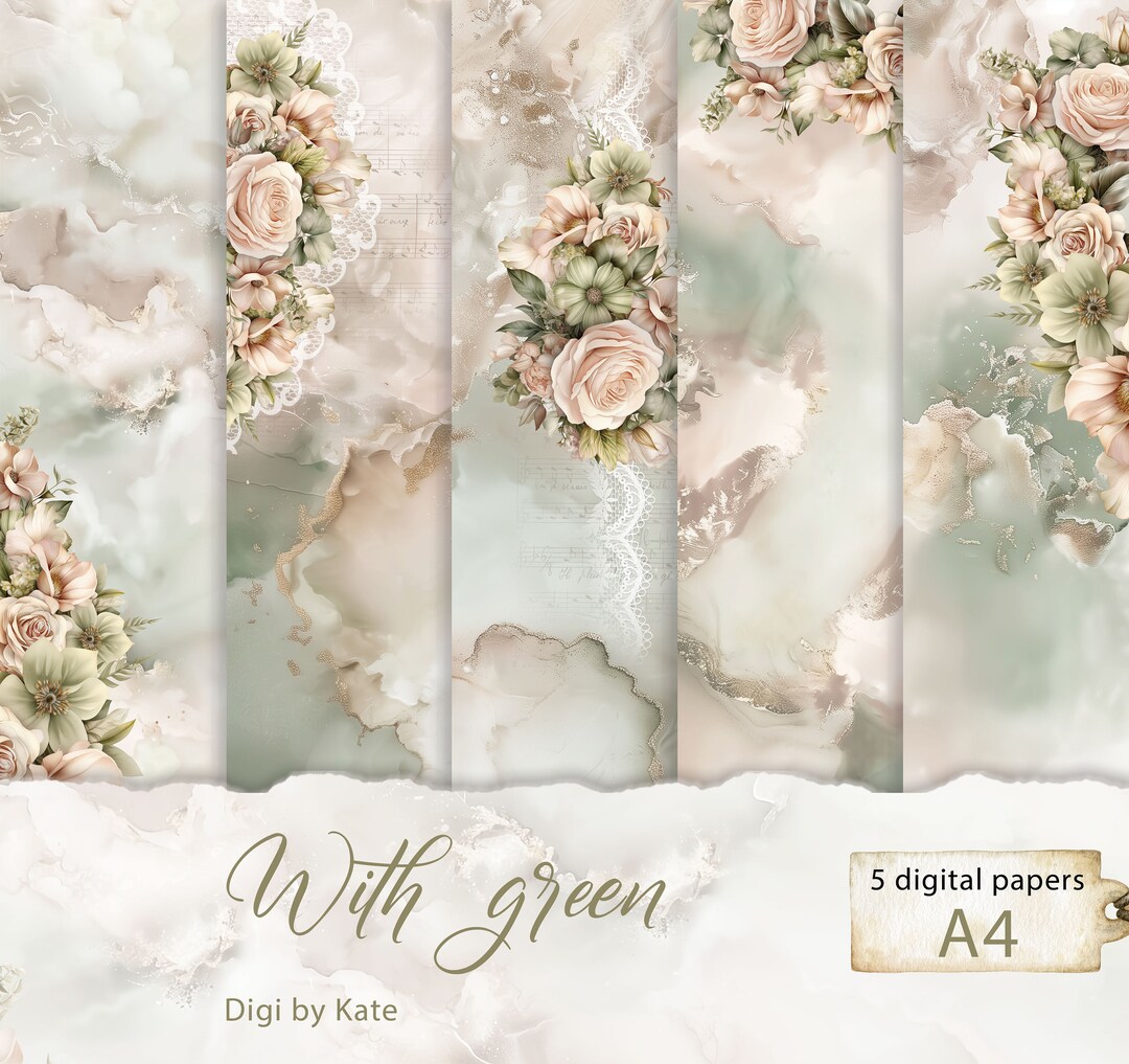 Green and Beige Floral Digital Paper Pack - 5 A4 Pages, Scrapbook and ...