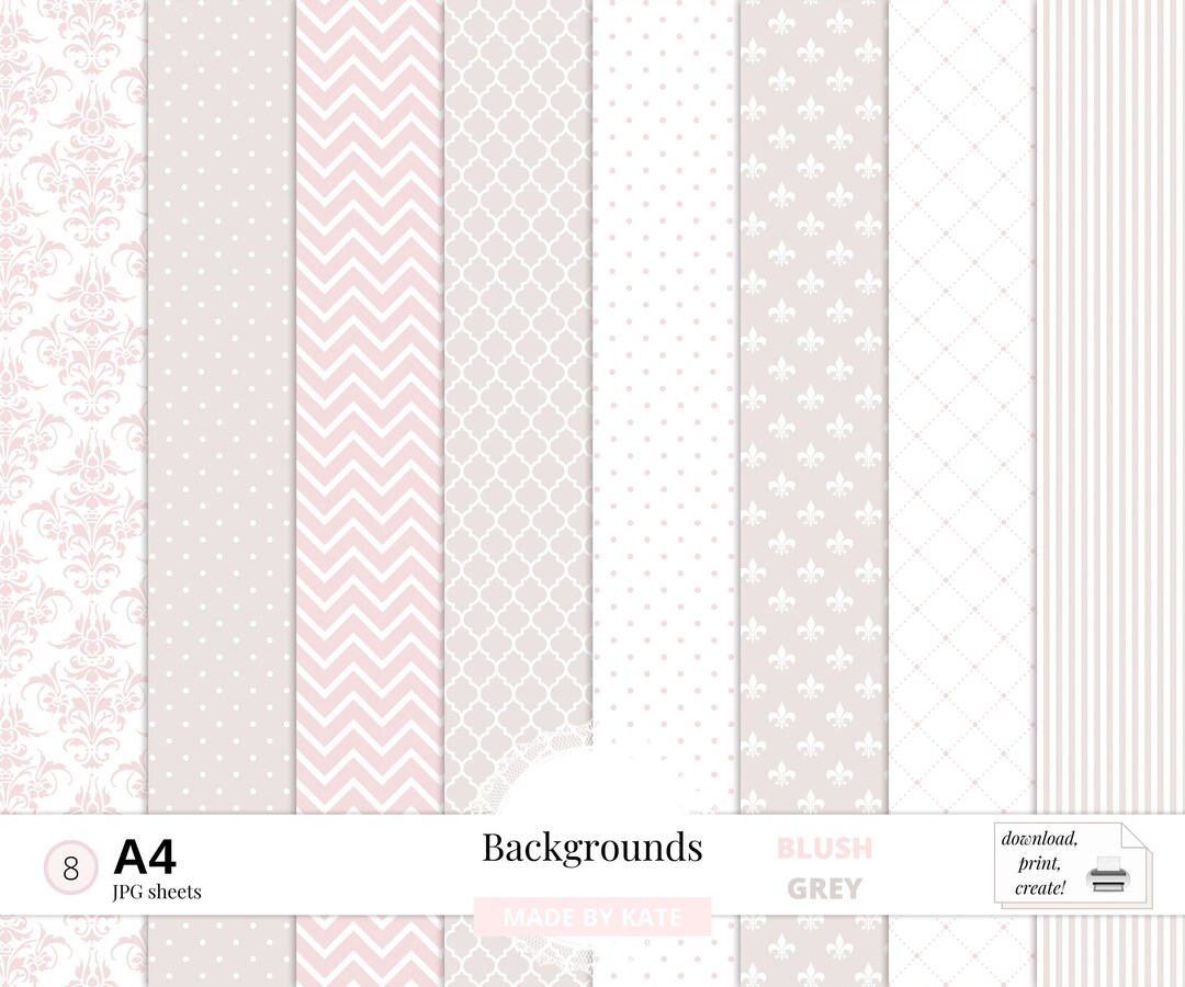 Blush and Grey Background Digital Paper, A4 Digital Damask Paper ...