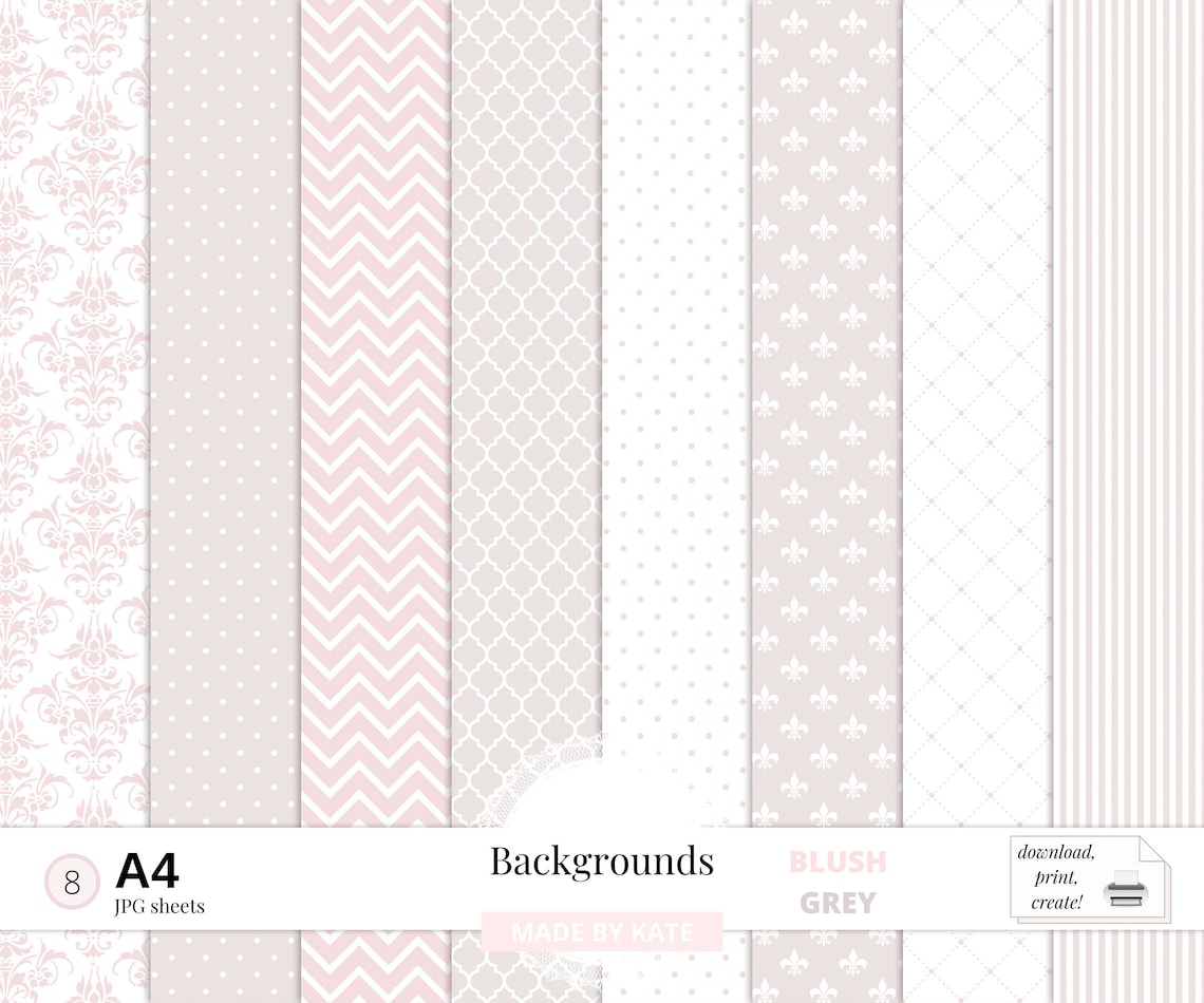 Blush and Grey Background Digital Paper A4 Digital Damask | Etsy