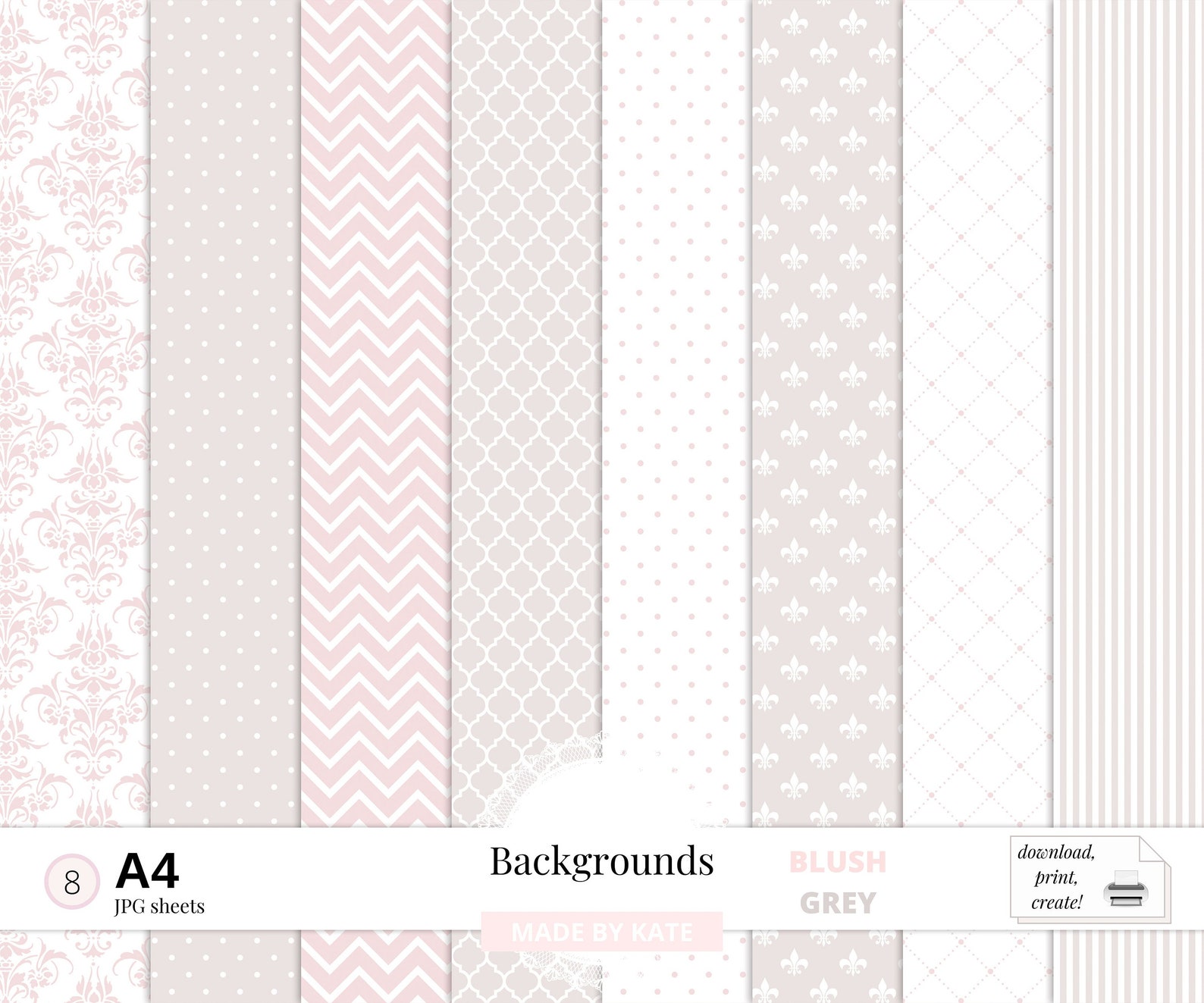 Blush and Grey Background Digital Paper, A4 Digital Damask Paper ...