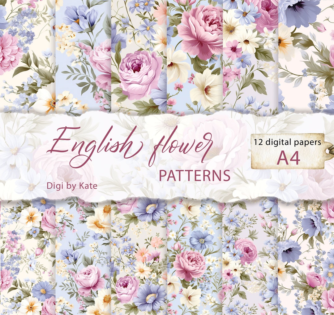 English Flower Patterns on 12 A4 JPG Pages, Floral Shabby Chic ...