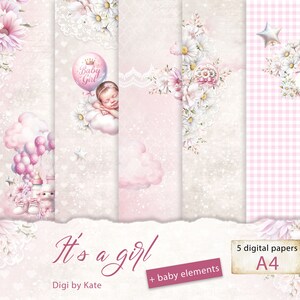 It' a Girl is a Digital Paper Bundle for a Birth of a Baby Girl, Baby ...