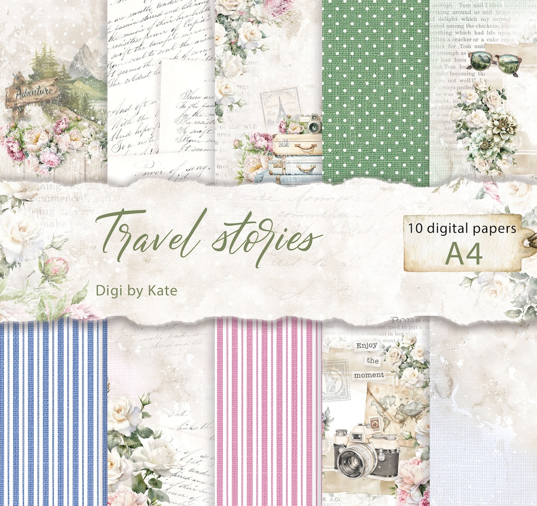 Travel Stories A4 is a Digital Paper Set Perfect for Junk Journal and ...