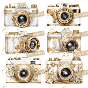 Cameras Gold Series 12 PNG Clipart Set, Gold and White Cameras Clipart ...