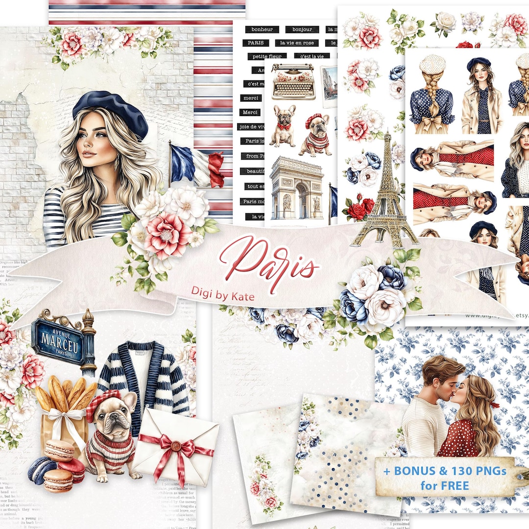 Paris Digital Paper Bundle for Junk Journal and Scrapbooking, Big ...