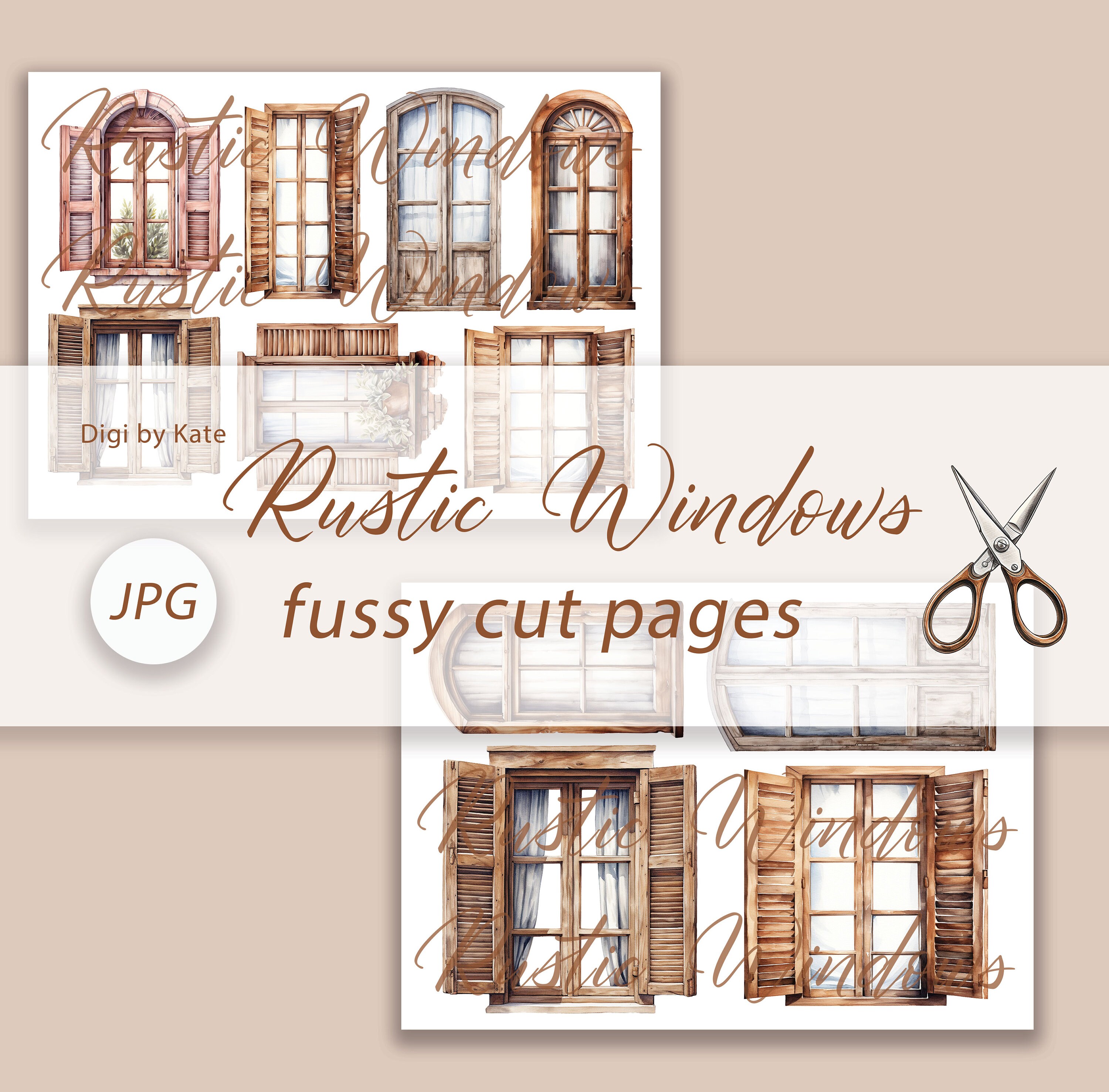 Rustic Window Fussy Cut 4 A4 JPG Printable, Junk Journal Ephemera ...
