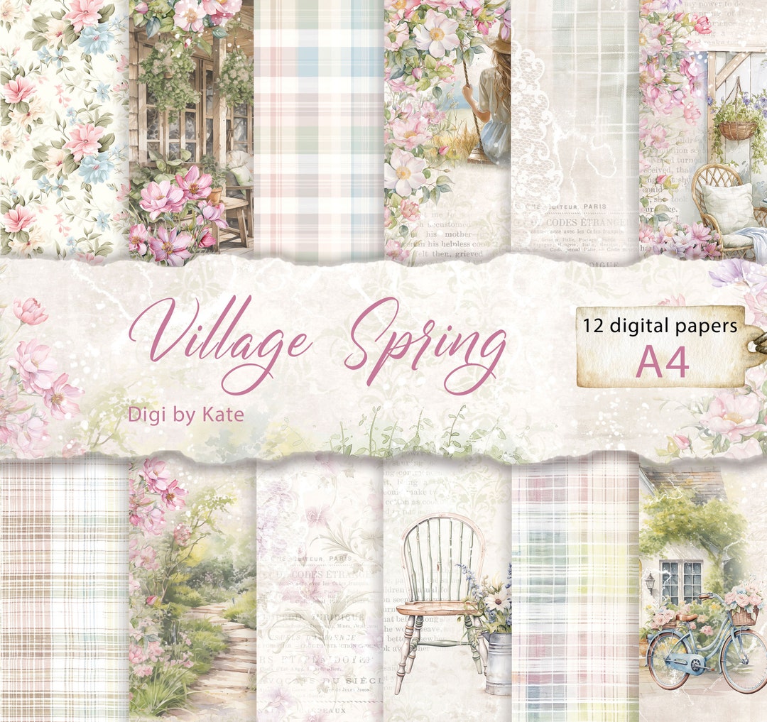 Village Spring A4 is a Digital Paper Set in Floral Cottage Style ...