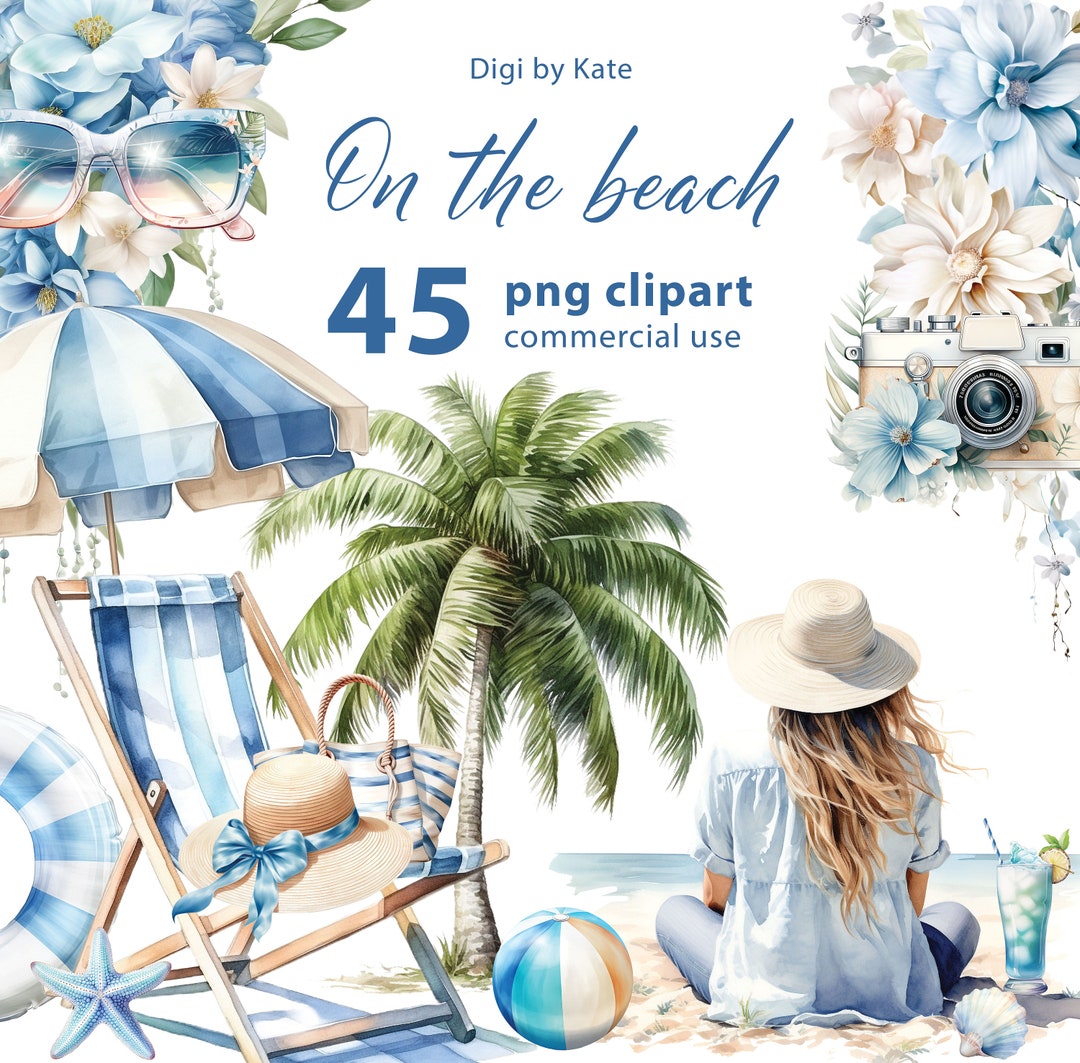 On the Beach 45 PNG Blue Summer Clipart Set, Blue Beach Watercolor, PNG ...