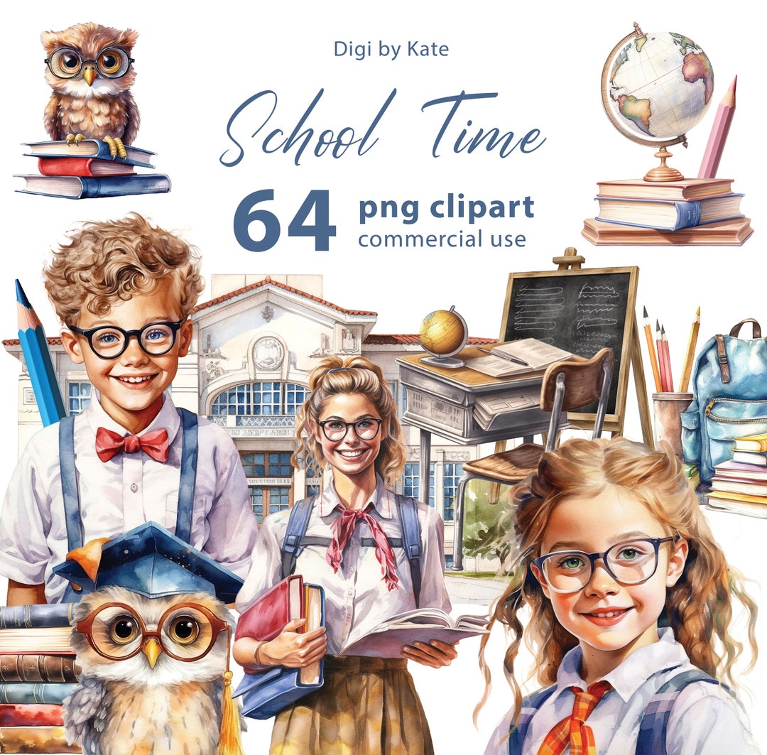 School Time 64 PNG Clipart Set, School-themed Graphics on Transparent ...