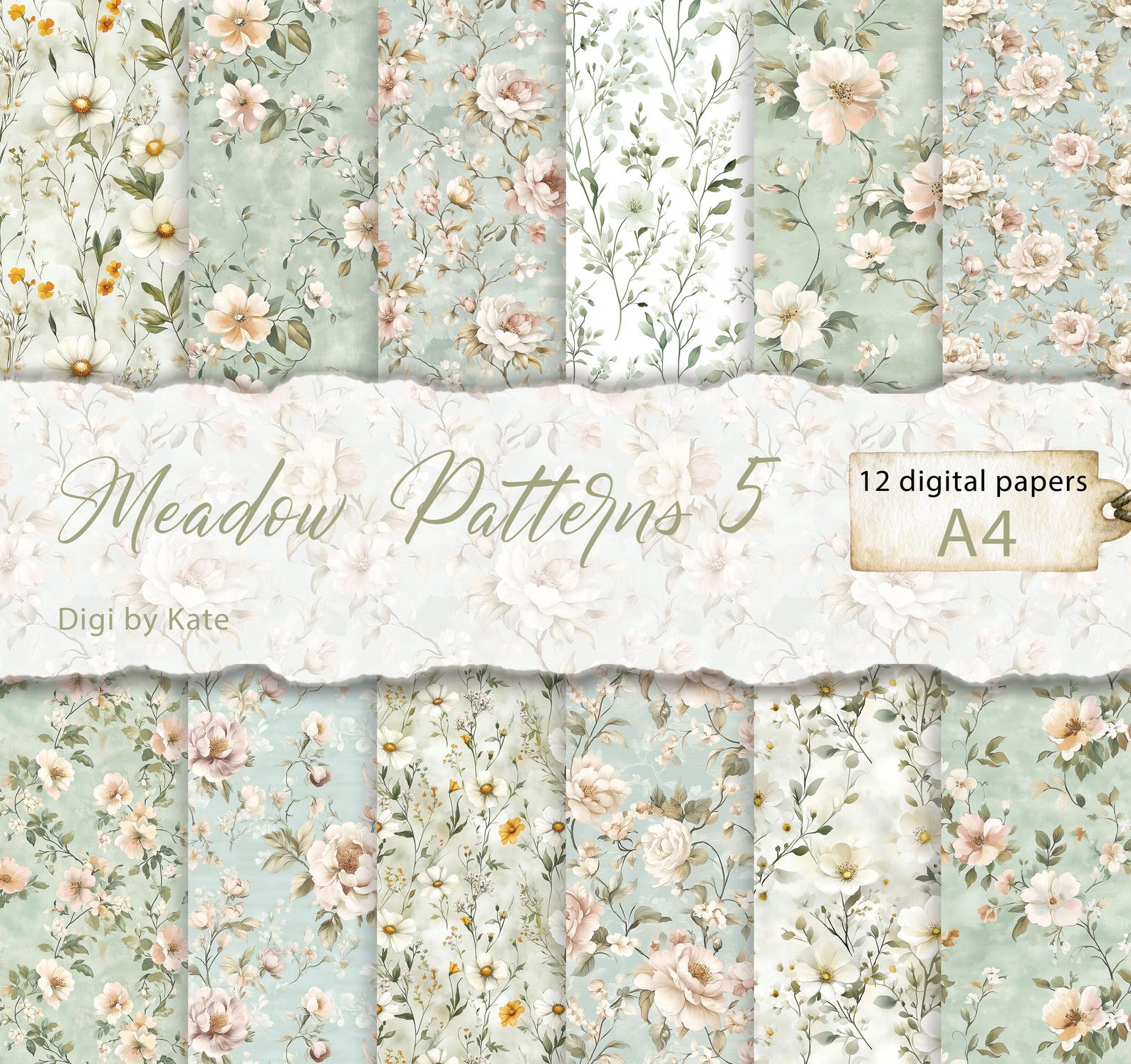 Meadow Patterns 5 on 12 A4 JPG Pages, Green Shabby Backgrounds for ...