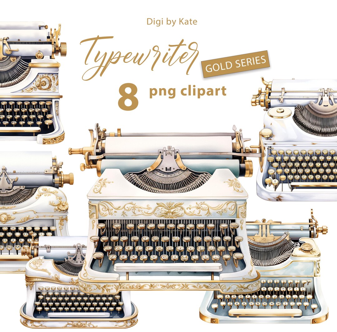 Typewriter Gold Series 8 PNG Clipart Set, Gold and White Typewriter ...