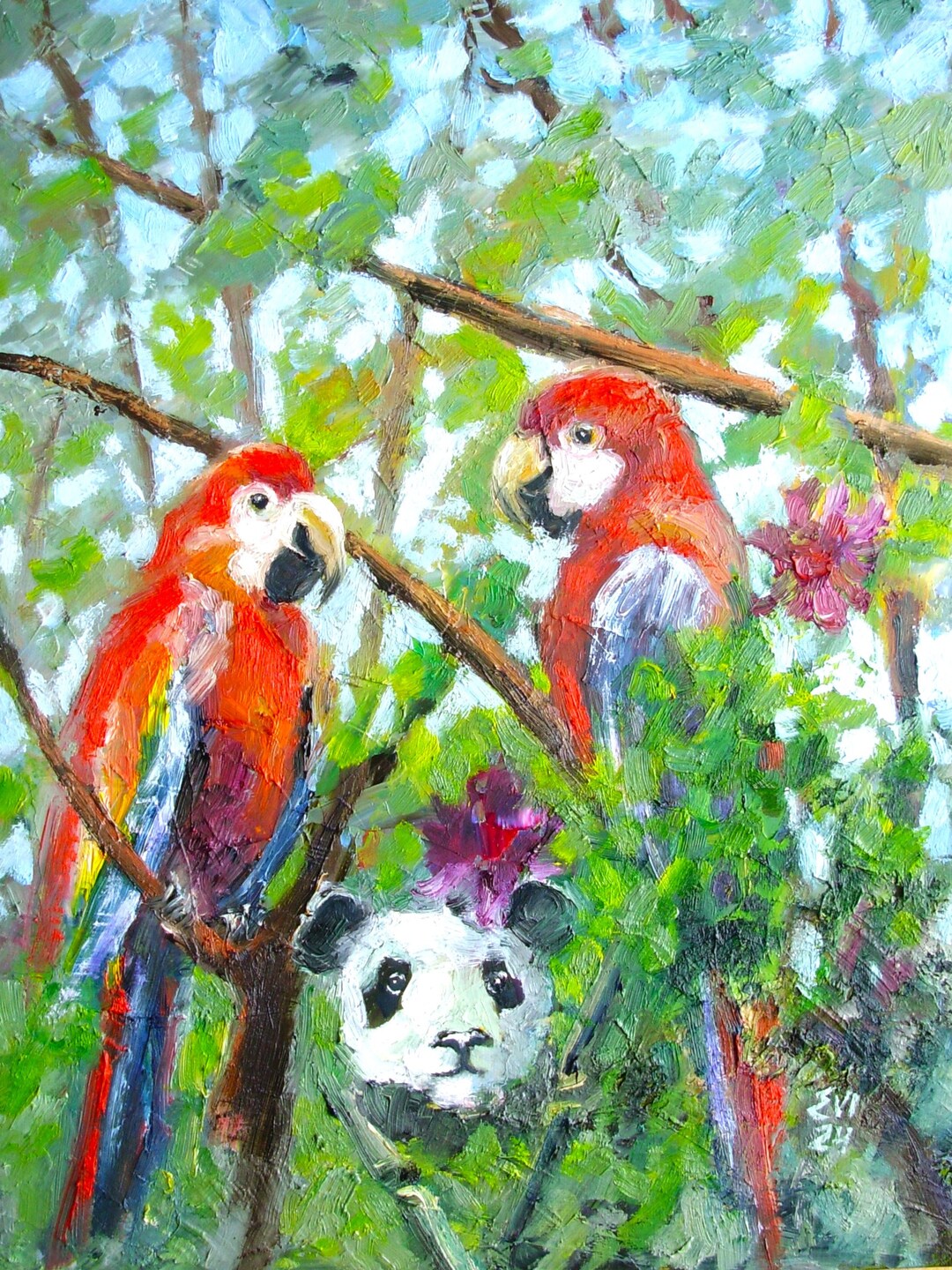 Zoo Parrots Panda Original Oil Painting Birds Animals Wall Art Handmade ...