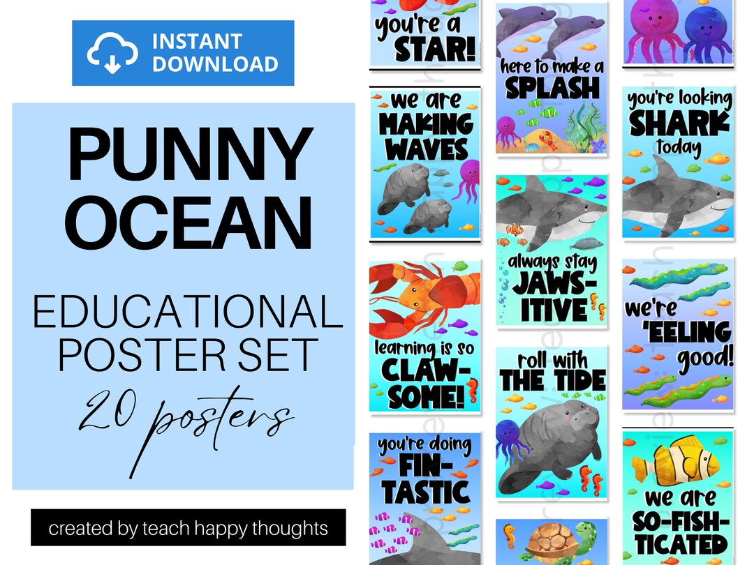 OCEAN SEA Puns Quotes Poster Set Posters Inspirational Positive ...