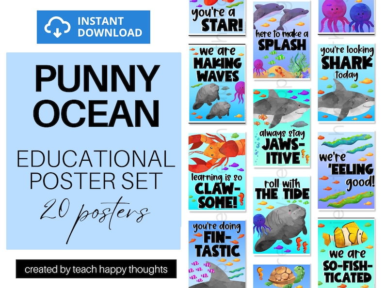 OCEAN SEA Puns Quotes Poster Set Posters Inspirational Positive ...