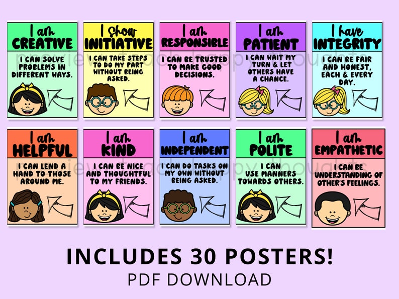 Character Building/traits | 30 Classroom Expectation Posters Color and ...