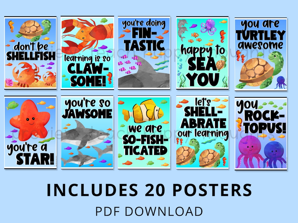 OCEAN SEA Puns Quotes Poster Set Posters Inspirational Positive ...