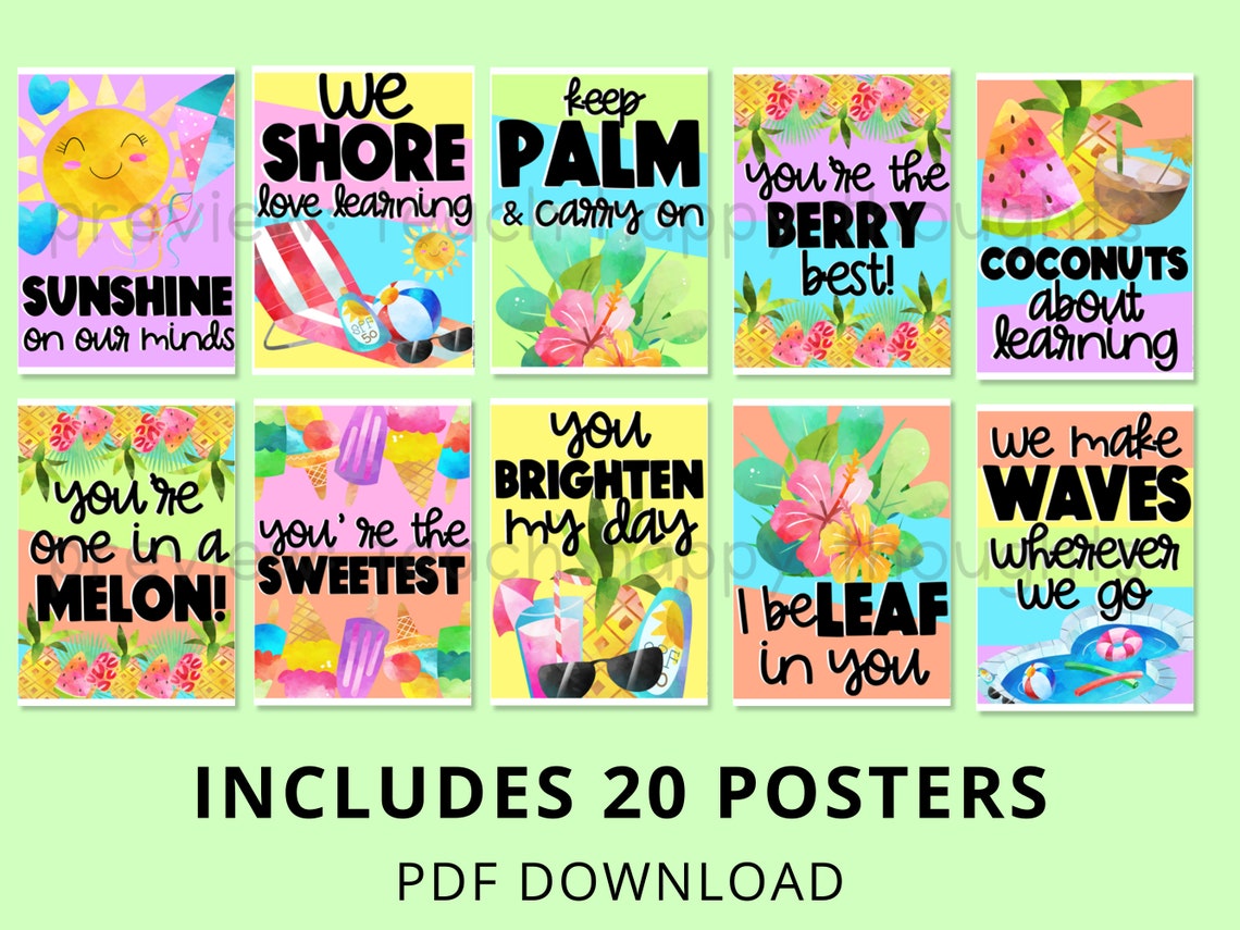 SUMMER Flowers Bugs Plant July August Beach Pool POSTERS Poster Set ...