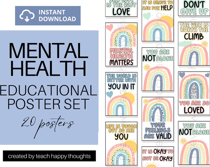 20 Inspirational Mental Health & Wellbeing Posters CLASSROOM POSTER SET ...