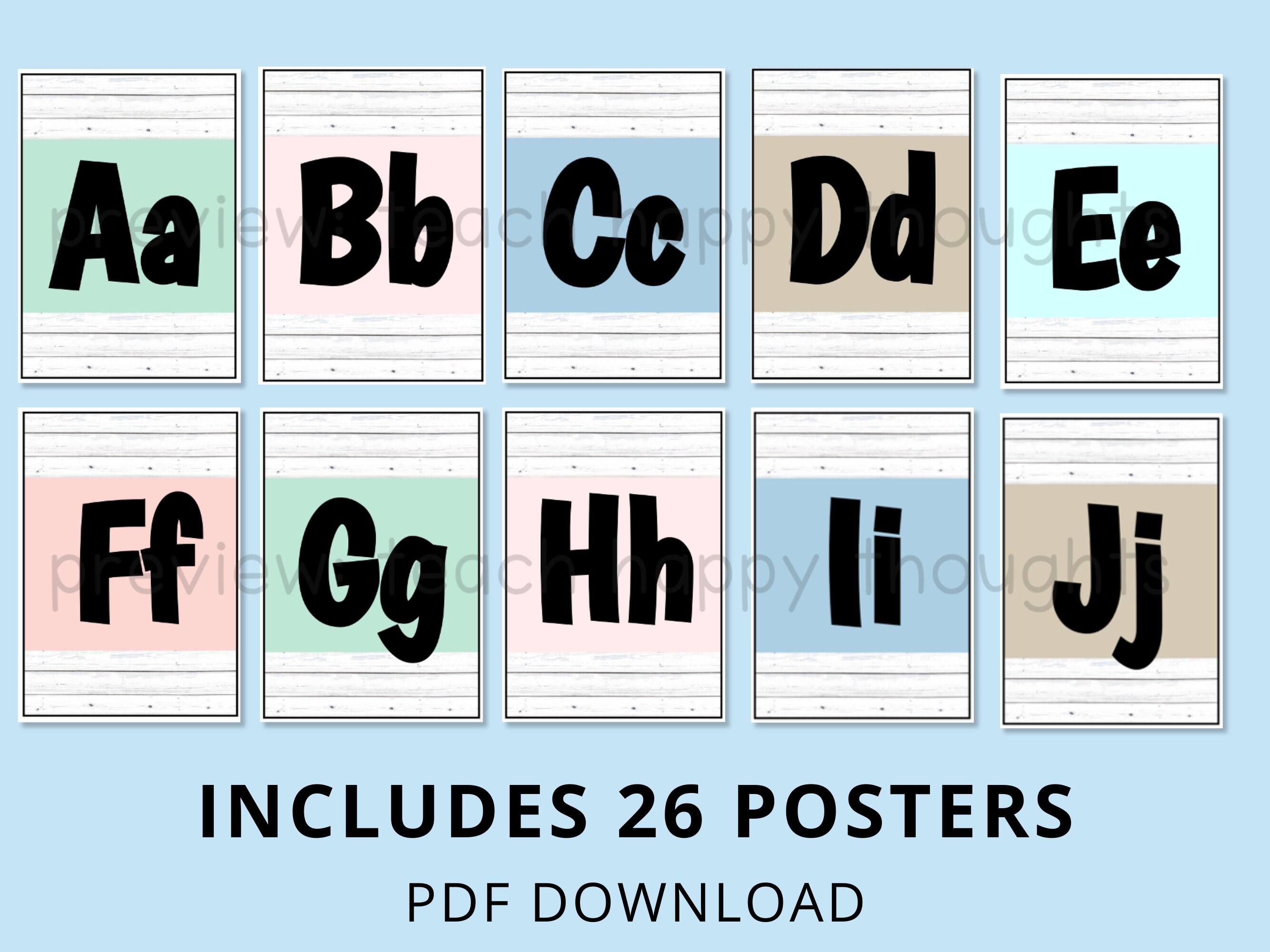 Neutral Pastel Boho ALPHABET LETTER POSTERS 26 Distressed White Wood ...