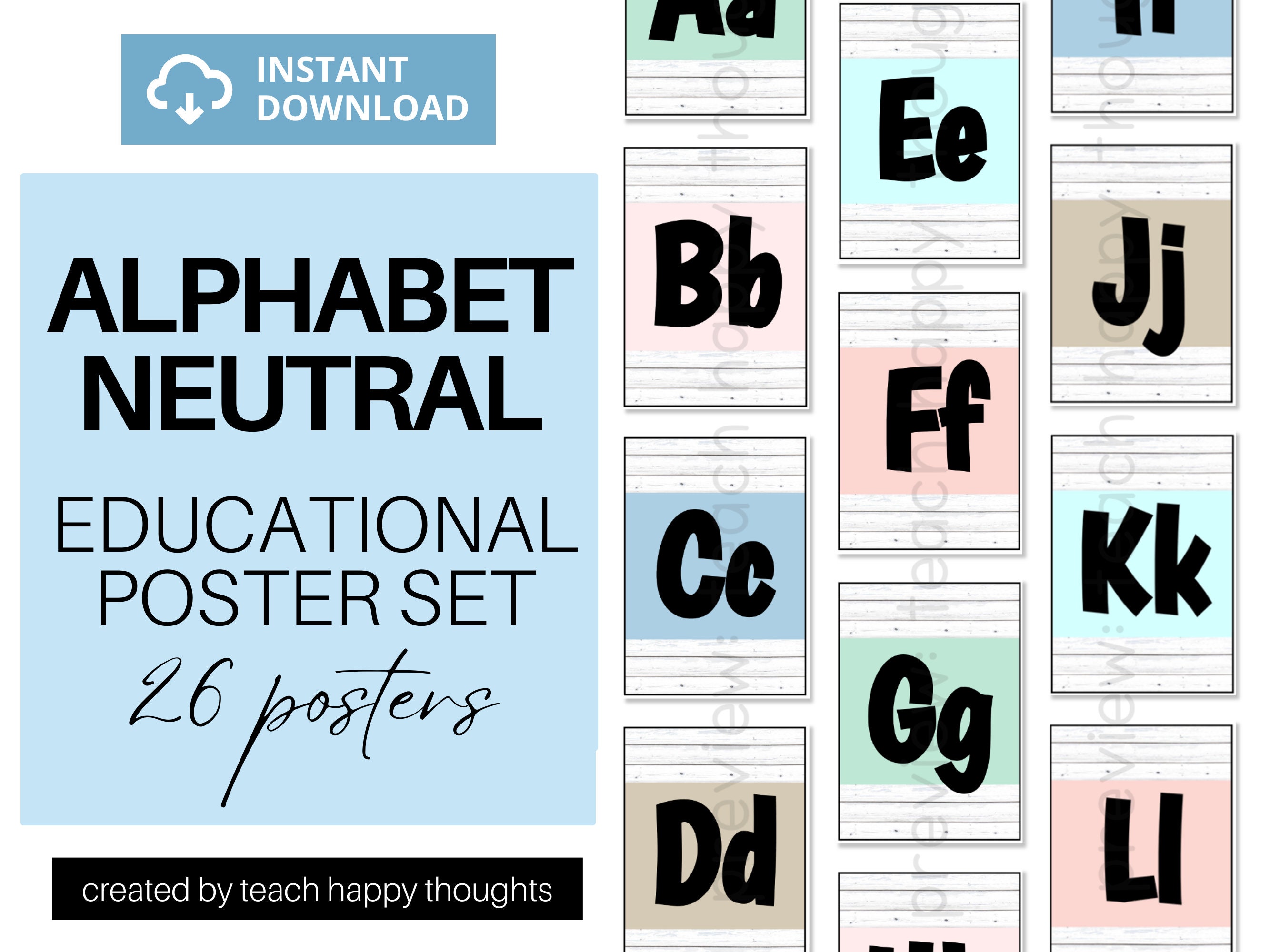 Neutral Pastel Boho ALPHABET LETTER POSTERS 26 Distressed White Wood ...