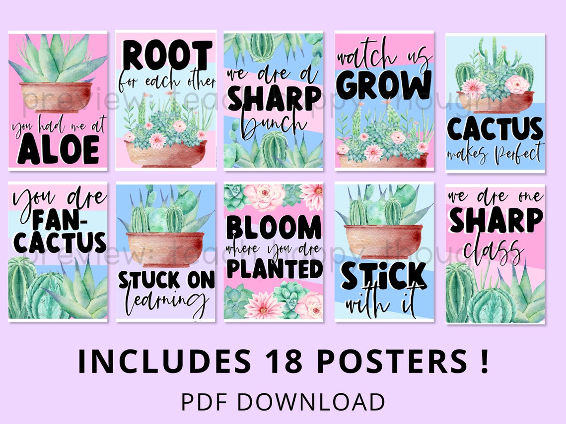 SUCCULENT CACTUS Plant Aloe POSTERS Poster Set Positive Inspirational ...