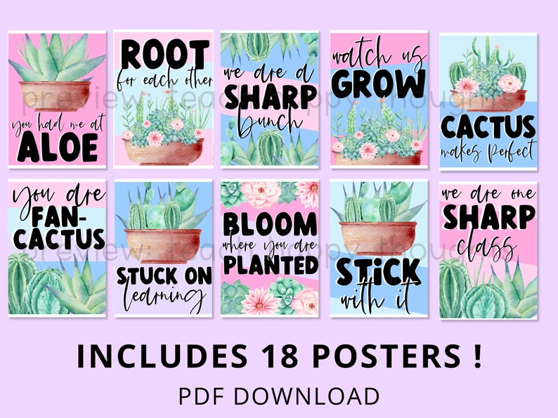 SUCCULENT CACTUS Plant Aloe POSTERS Poster Set Positive Inspirational ...