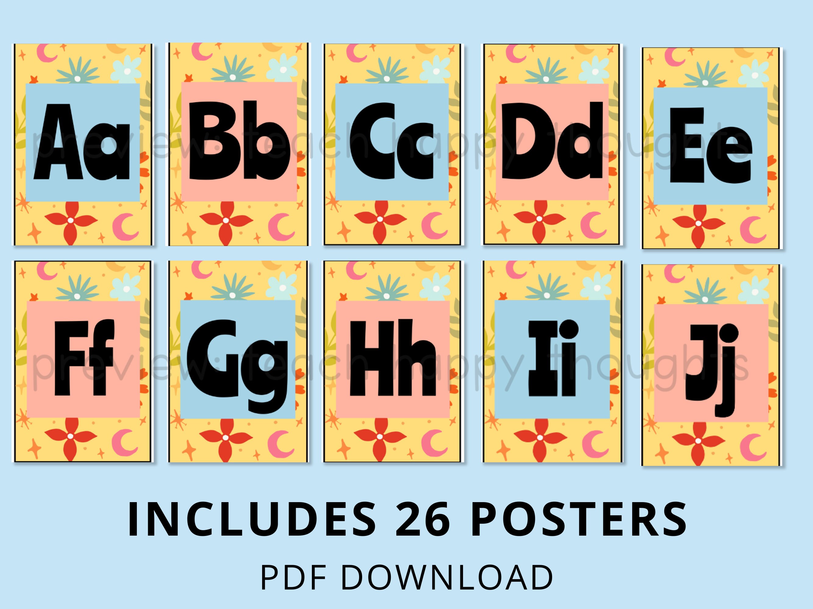 Retro Groovy Vintage Whimsical ALPHABET LETTER POSTERS 26 Banners ...