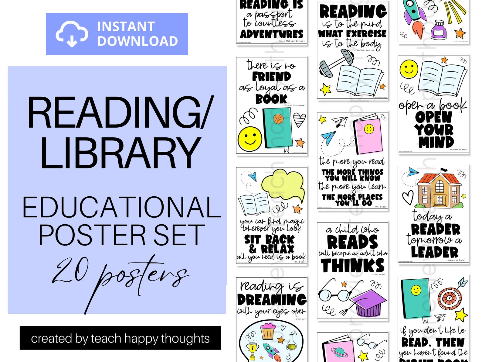 20 READING LIBRARY LITERACY Posters for Classroom, Kids Room or ...