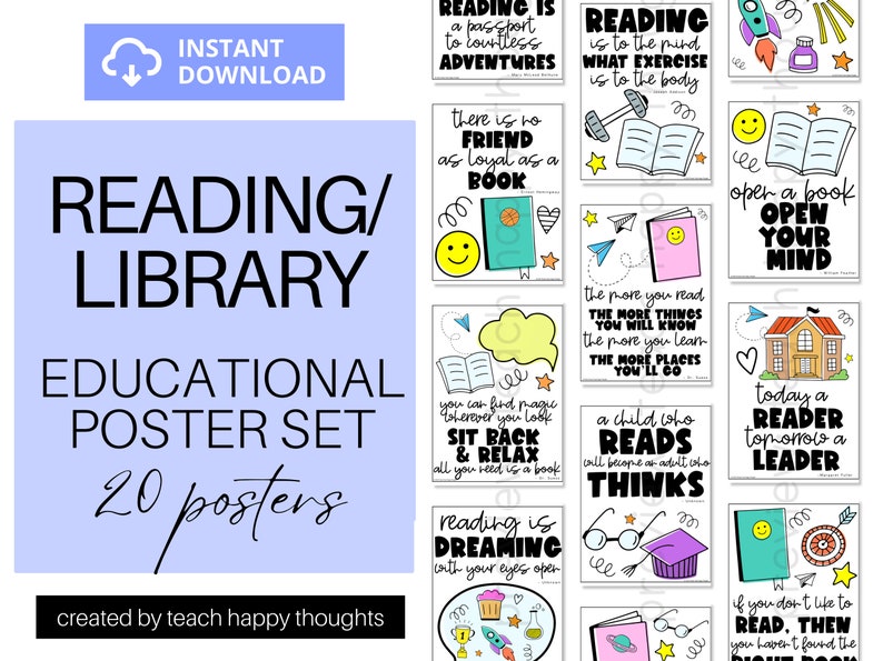 20 READING | LIBRARY | LITERACY Posters for Classroom, Kids Room or ...