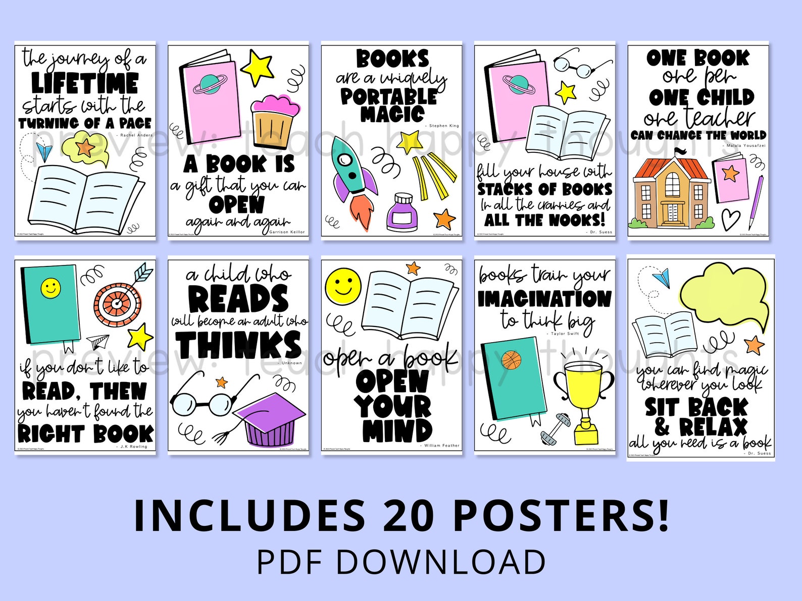 20 READING | LIBRARY | LITERACY Posters for Classroom, Kids Room or ...