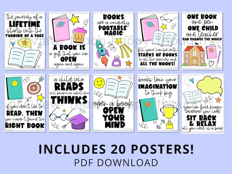 20 READING | LIBRARY | LITERACY Posters for Classroom, Kids Room or ...