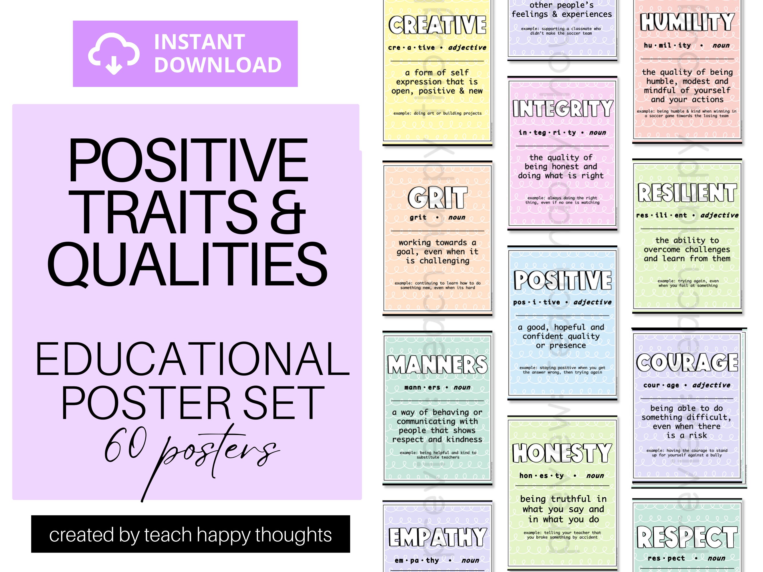 DEFINITION Posters Character Traits & Qualities | Pastel Poster Set ...