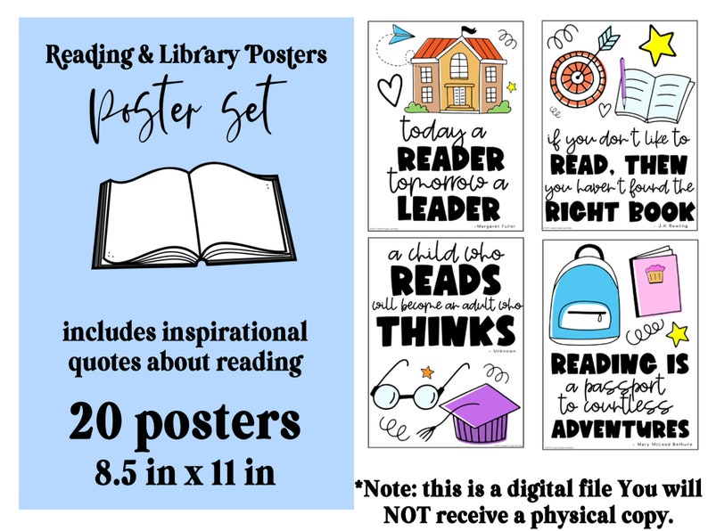 20 READING LIBRARY LITERACY Posters for Classroom Kids - Etsy