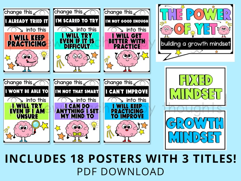The POWER of YET Growth Vs. Fixed Mindset Posters Bulletin Board ...