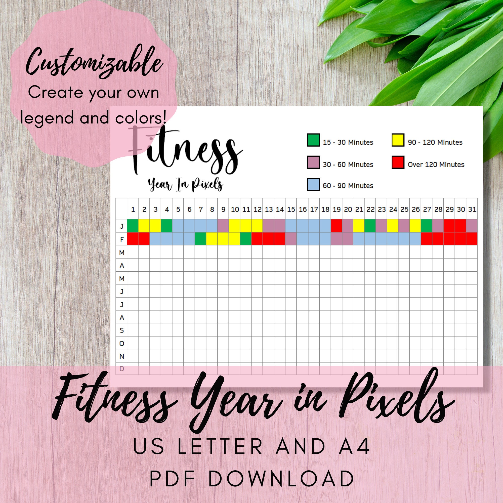 Fitness in Pixels Letter and A4 Fitness Yearly Tracker | Etsy