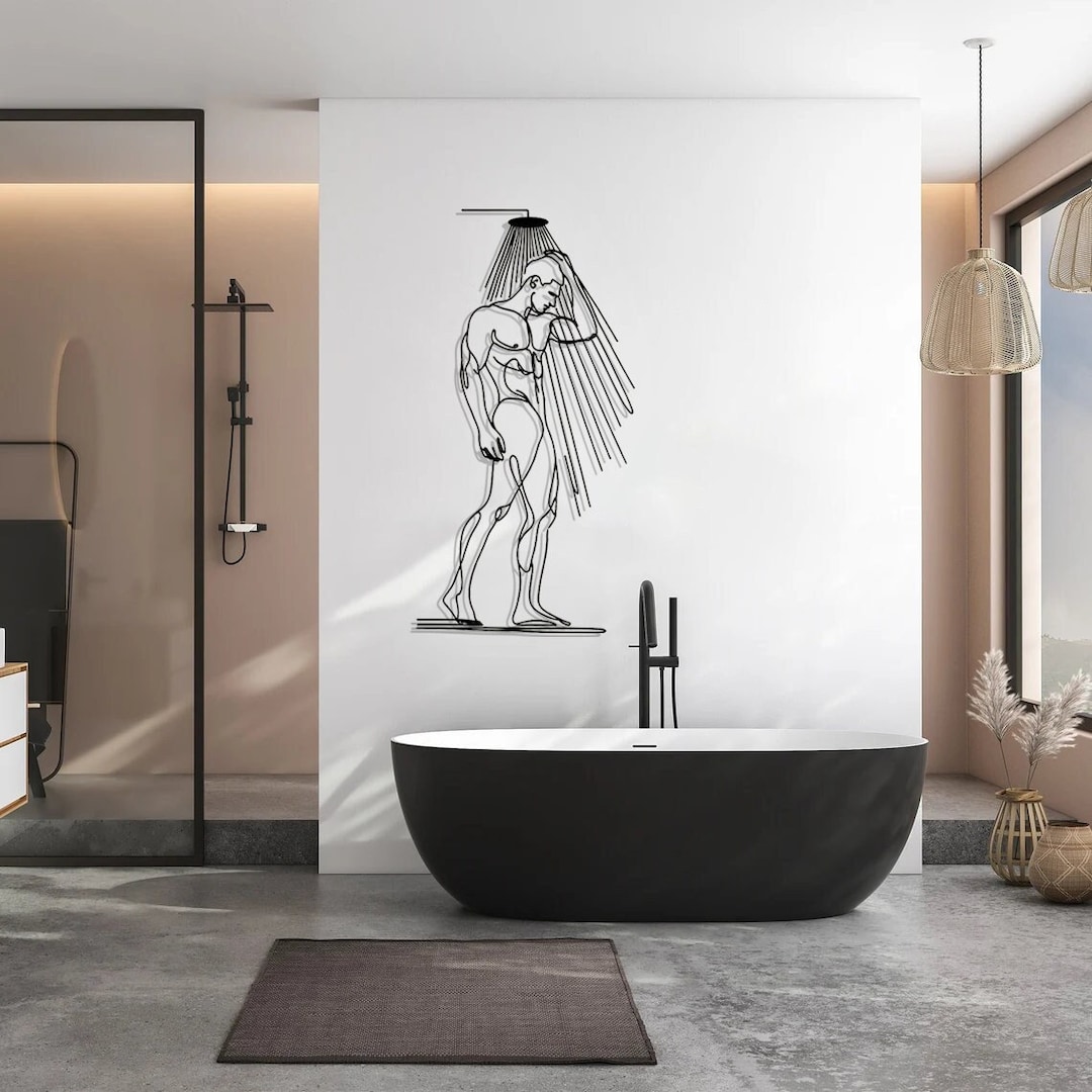 Man Taking A Shower - Naked Man Metal Wall Art, Masculine Bathroom ...