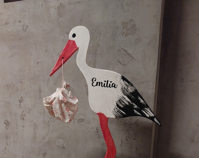 Storch zur Geburt mit Name, Gartenaufsteller Storch personalisiert ...