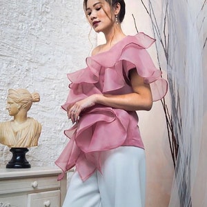 Ruffle Pink Organza Top, Multiway Layered Organza Blouse, Elegant ...