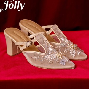 Ivory Floral Beaded Party Mules, Wedding Guest Embroidery Classy Heels ...