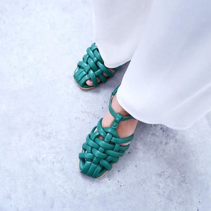 Emerald Green Leather Braid Shoes, Huarachers Gipsy Woman Flat Shoe ...