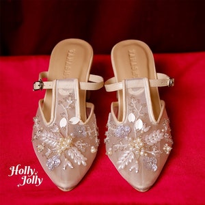 Ivory Floral Beaded Party Mules, Wedding Guest Embroidery Classy Heels ...