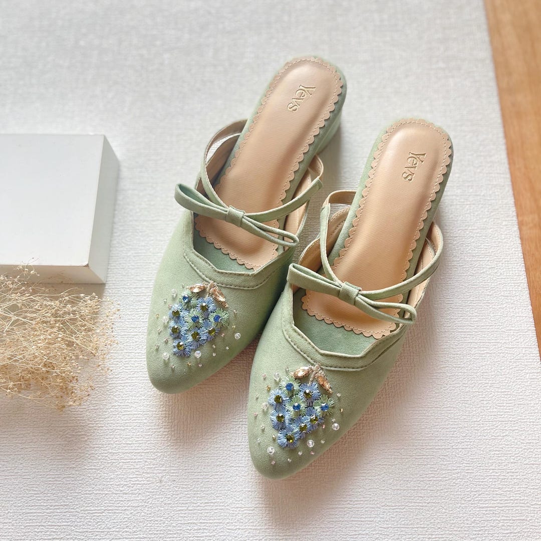 Vintage Green Embroidery Beaded Mules, Velvet Classy Wedding Mules ...