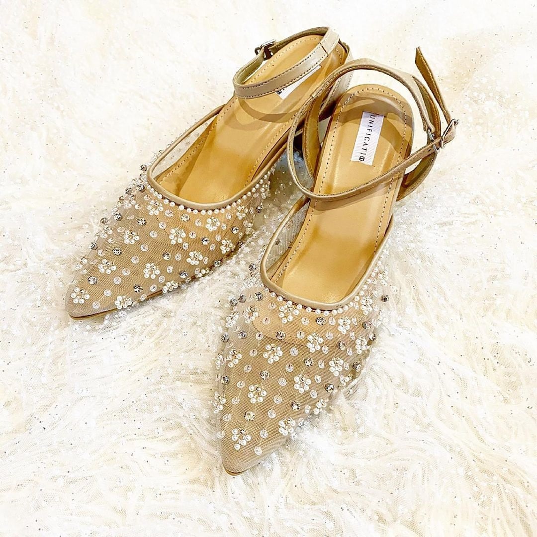 Champagne Clear Cinderella Flat Shoes, Pointed Toe Princess Embroidery ...