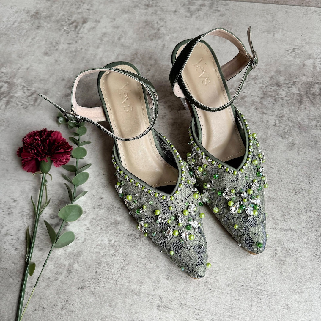 Green Lace Pointed Toe Shoe, Pearl Applique Wedding Shoe, Elegant ...