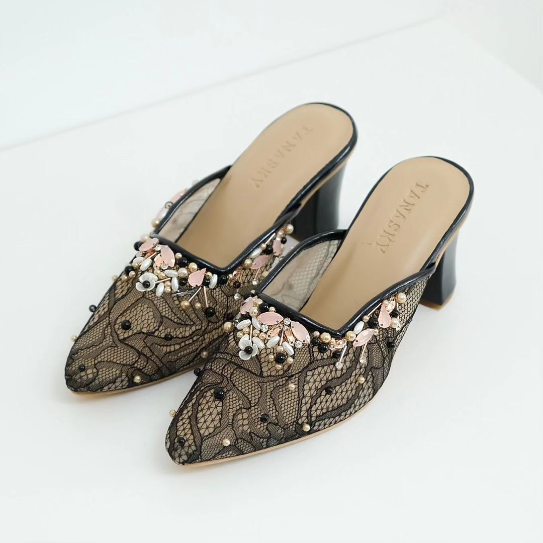 Black Simple Wedding Mules, Vintage Embroidered Pointed Toe Flats ...