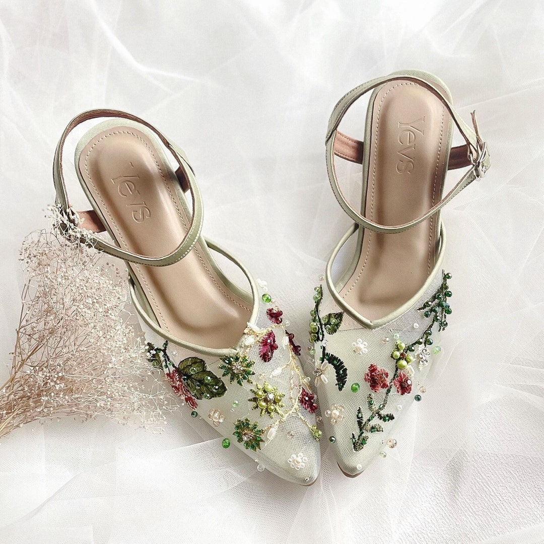 Sage Green Embroidery Wedding Guest Simple Elegant Shoe, Classy Party ...