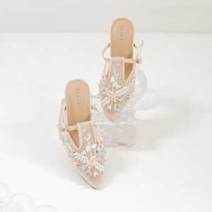 Ivory Floral Beaded Party Mules, Wedding Guest Embroidery Classy Heels ...