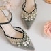 Dark Green Elegant Pearl Party Shoe, Rhinestone Beaded Emerald Green ...