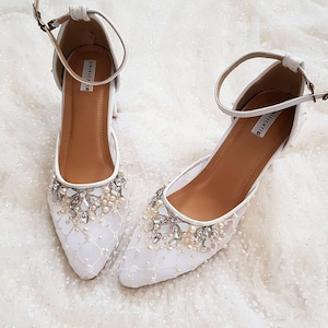 White Lace Wedding Flat Shoes, Tulle Bridal Custom Heels, Elegant Party ...