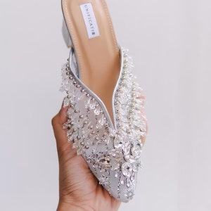 Silver Beaded Glamour Wedding Mules, Bridal Silver Clear High Heel ...